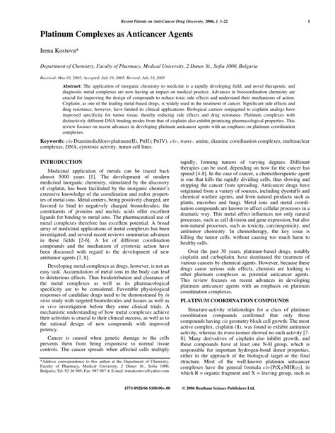 Pdf Platinum Complexes As Anticancer Agents