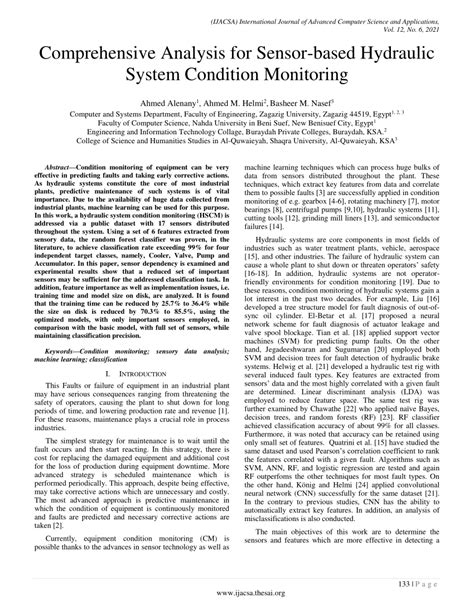 pdf comprehensive analysis for sensor based hydraulic system condition monitoring