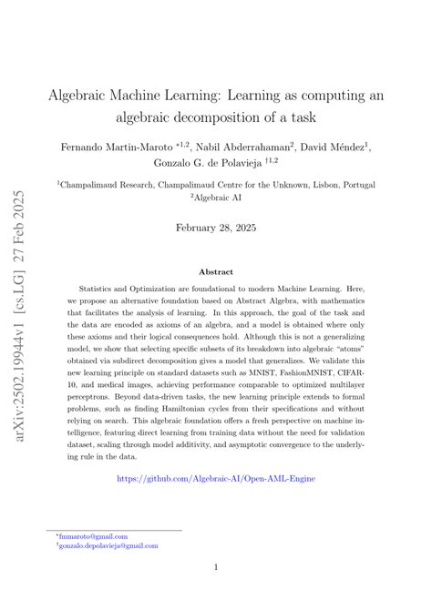 Pdf Algebraic Machine Learning Learning As Computing An Algebraic Decomposition Of A Task