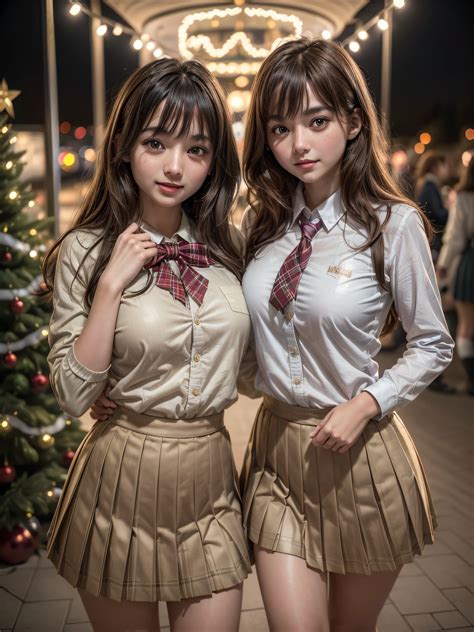 교복을 입고 사진을 찍기 위해 포즈를 취하는 아시아 여성 2명 Seaart Ai