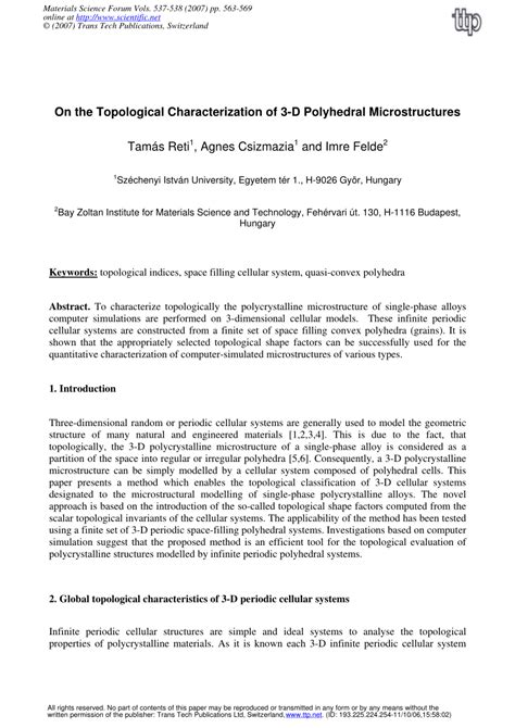 Pdf On The Topological Characterization Of 3 D Polyhedral Microstrutures