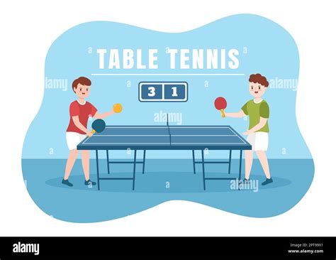 People Playing Table Tennis Sports With Racket And Ball Of Ping Pong Game Match In Flat Cartoon