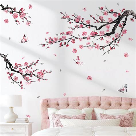 Decalmile Adesivi Murali Fiore Ramo Di Albero Rosa Adesivi Da Parete Fiori Rosa Decorazione