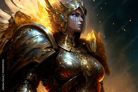 Valkyrie In Gold Armor Before Heading To The Battlefield It Radiates