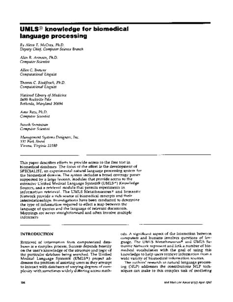Pdf Umls Knowledge For Biomedical Language Processing