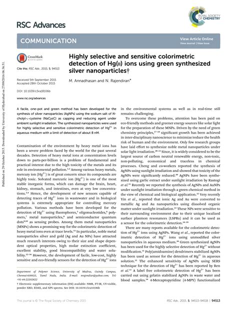 Pdf Highly Selective And Sensitive Colorimetric Detection Of Hg Ii Ions Using Green