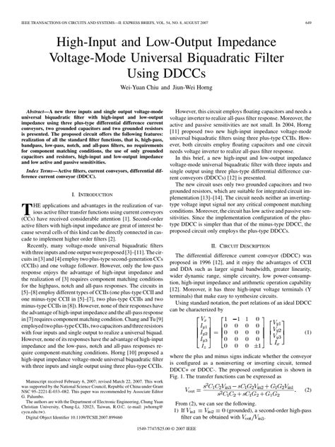 Pdf High Input And Low Output Impedance Voltage Mode Universal Biquadratic Filter Using Ddccs
