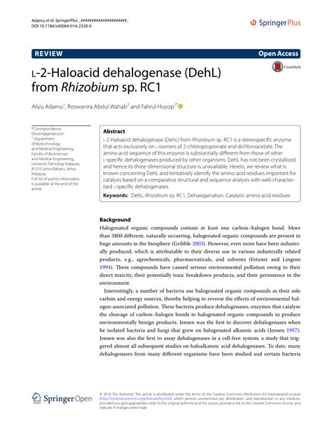 Pdf L 2 Haloacid Dehalogenase Dehl From Rhizobium Sp Rc1