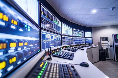Modern Control Room Equipped With Multiple Monitors Displaying Charts Data And Information