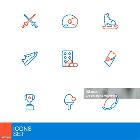 세트 라인 중세 활 라켓 어워드 컵 수영용 오리발 피트니스 스니커즈 신발 덤벨이 있는 스포츠 도핑 스케이트 및 레이싱 헬멧 아이콘 벡터 건강관리와 의술에 대한 스톡 벡터