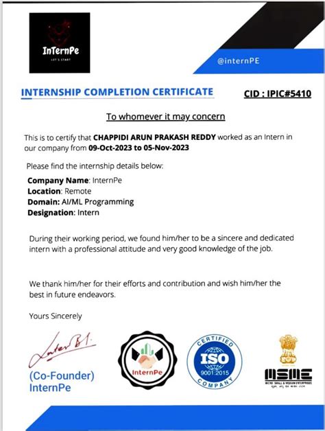 Arun Prakash Reddy Chappidi On Linkedin Internpeinternship Aiml