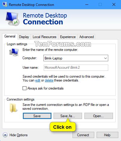 Save Remote Desktop Connection Settings To RDP File In Windows Tutorials