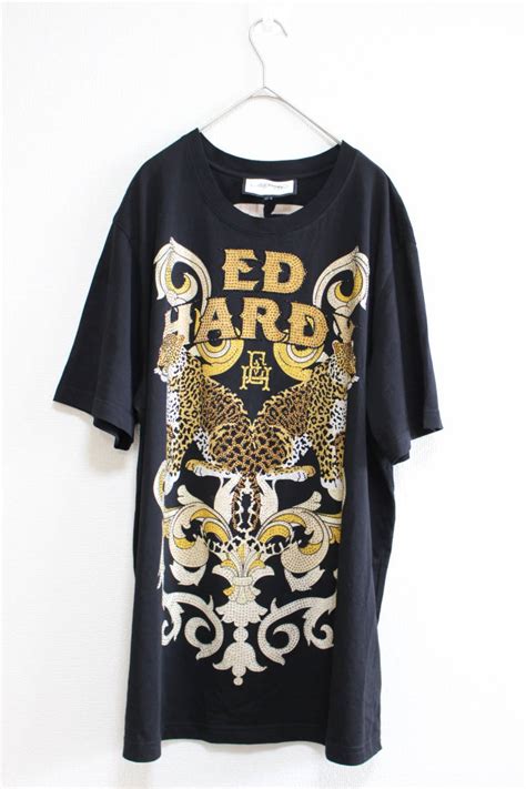 【目立った傷や汚れなし】d715★ゆうパケット送料無料★美品 メンズ Ed Hardy エドハーディー ラインストーン レオパード Tシャツ
