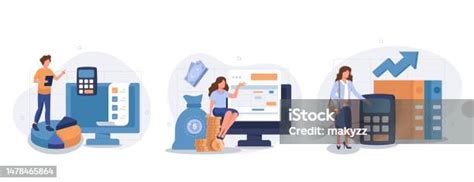 예산 부기 그림 세트 서류 작업을하는 사람들 문자 회계 직불 및 신용 청구서 및 소득세 계산 재무 관리 개념 벡터 일러스트레이션 대출에 대한 스톡 벡터 아트 및 기타 이미지