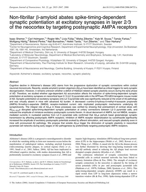 Pdf Non‐fibrillar β‐amyloid Abates Spike‐timing‐dependent Synaptic Potentiation At Excitatory
