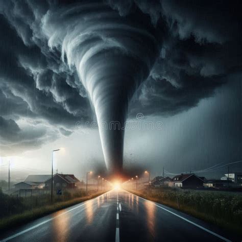 Dramatic Tornado Strikes Road In Stormy Environment Stock Illustration