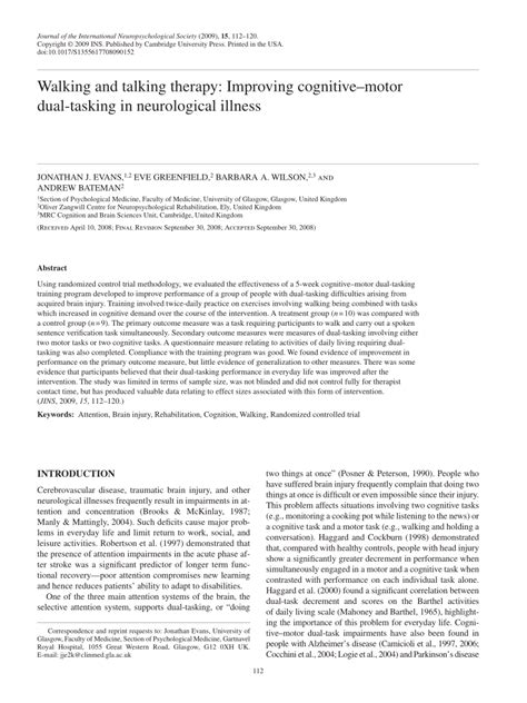 Pdf Walking And Talking Therapy Improving Cognitive Motor Dual Tasking In Neurological Illness