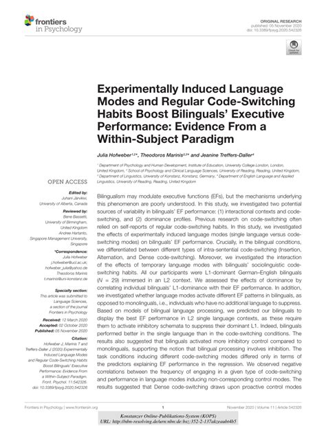 Pdf Experimentally Induced Language Modes And Regular Code Switching Habits Boost Bilinguals