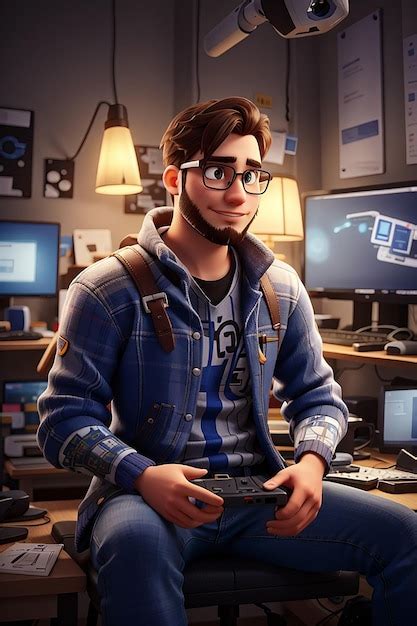 3d animation style cartoon character illustration of a game developer