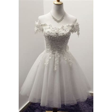 Ball Gown Off The Shoulder Short White Tulle Lace Prom Dress With Bow