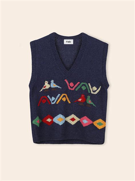 Темно синій жилет з ручною вишивкою Feb Sweaters
