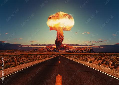 Asphalt Road Goes To A Nuclear Explosion Terrible Atomic Explosion Of