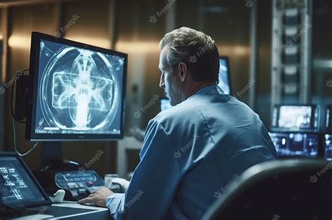 화면 Ct 스캔 Mri Generative Ai에서 Xray 방사선 이미지를 보고 있는 지식인 의료 인력의 뒷면 프리미엄 사진