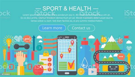 음식과 스포츠 아이콘으로 건강 한 라이프 스타일 개념입니다 스포츠 및 피트 니스 평면 개념 Infographics 헤더 템플릿 디자인 스마트폰 스포츠 약 벡터 일러스트 레이