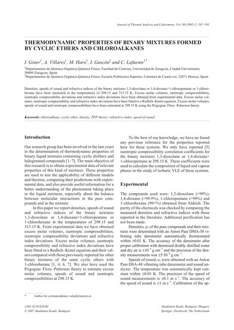 Pdf Thermodynamic Properties Of Binary Mixtures Formed By Cyclic Ethers And Chloroalkanes