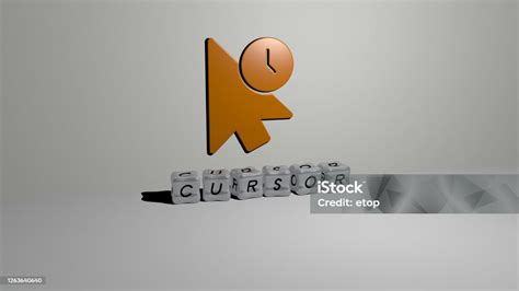 개념 의미와 슬라이드 쇼 프리젠 테이션을위해 거울 바닥에 금속 입방 문자로 정렬 된 벽과 텍스트에 아이콘이있는 Cursor의 3d 표현 일러스트와 화살표 0명에 대한 스톡