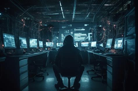 Premium Ai Image Programmer Working Is On Computers With Multiple Monitors Back View Generative Ai