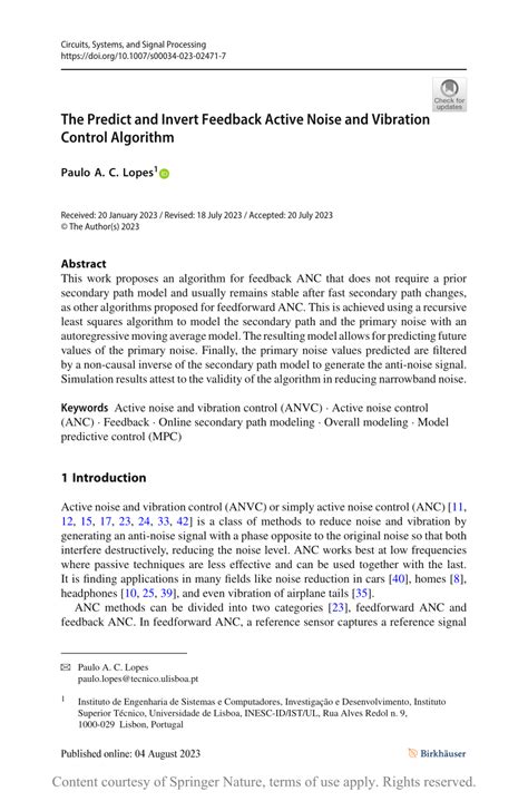 Pdf The Predict And Invert Feedback Active Noise And Vibration Control Algorithm