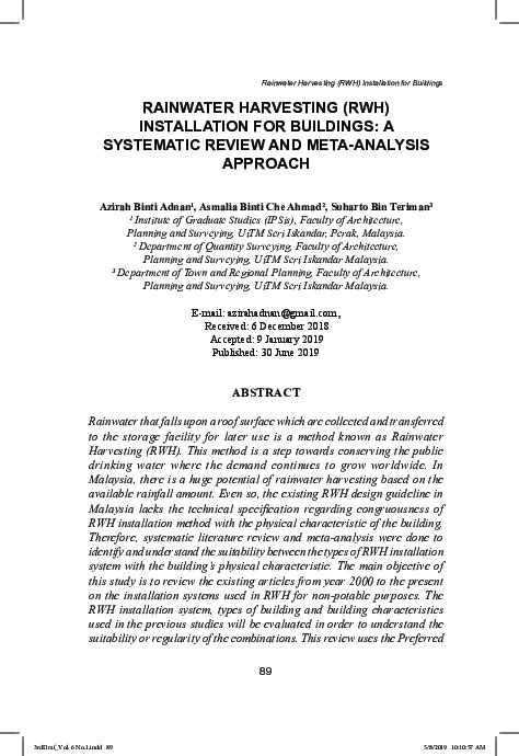 Pdf Rainwater Harvesting Rwh Installation For Buildings A Systematic Review And Meta