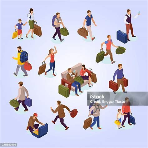 여행 사람들 고립 아이콘 수하물 서둘러 착륙을 기다리는 캐릭터 도착하는 승객을 만나는 등척 걷기에 대한 스톡 벡터 아트 및 기타 이미지 Istock