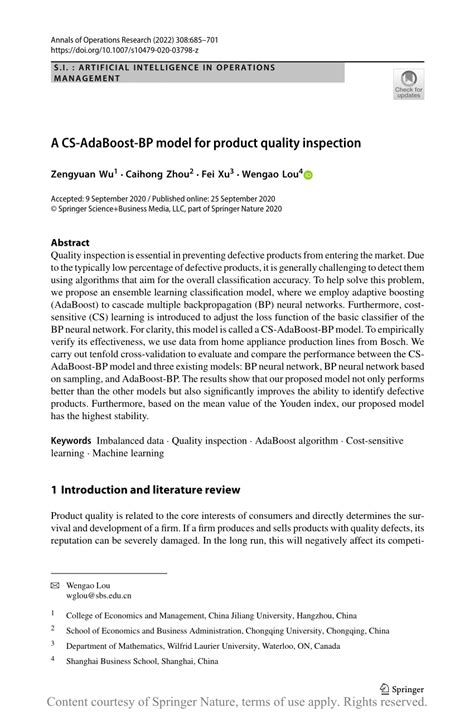 A Cs Adaboost Bp Model For Product Quality Inspection