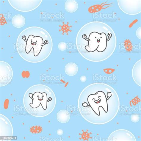 부동 흰색 치아의 치과 만화는 거품에 의해 박테리아로부터 보호되고 파란색 배경에 일러스트 만화 캐릭터 벡터 디자인 치과 치료 개념 0명에 대한 스톡 벡터 아트 및 기타