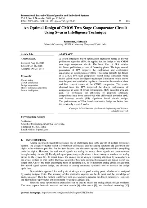 Pdf An Optimal Design Of Cmos Two Stage Comparator Circuit Using Swarm Intelligence Technique