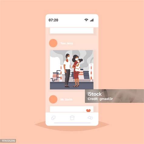 가족 얼굴 마스크 야외 더러운 폐기물 유독 한 공기 오염 산업 스모그 오염 환경 개념 산업 풍경 스마트 폰 화면 전체 길이