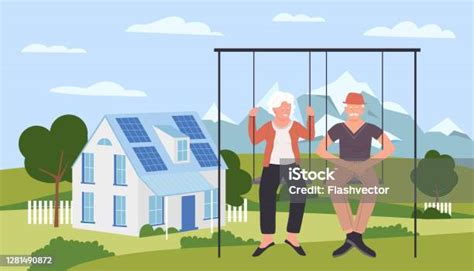 노인 부부는 재미있는 시간을 보내고 만화 늙은 행복한 남자 여성 캐릭터는 스윙에 앉아 노인 커플에 대한 스톡 벡터 아트 및 기타 이미지 노인 커플 가정 생활 노인