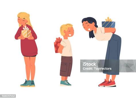 행복한 여자와 소녀 캐릭터는 휴일 축하 벡터 세트를 위한 선물 상자를 준다 공유 개념에 대한 스톡 벡터 아트 및 기타 이미지 공유 개념 공휴일 긍정적인 감정 표현
