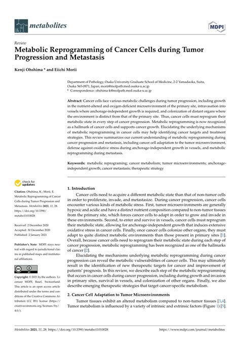 PDF Metabolic Reprogramming Of Cancer Cells During Tumor Progression And Metastasis