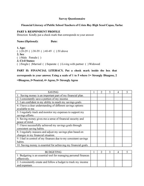 Survey Questionnaire Flpst Survey Questionnaire Financial Literacy Of Public School Teachers