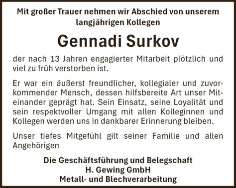 Traueranzeigen Von Gennadi Surkov Sich Erinnern De