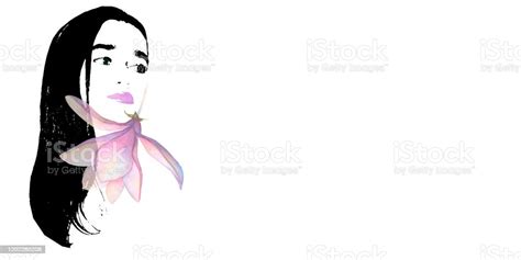 현대 미술 패션 여성 초상화입니다 핑크 입술과 목련 꽃과 아름다운 여성의 얼굴 개념에 대한 스톡 벡터 아트 및 기타 이미지