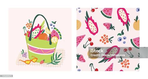 여름 화려한 육즙 컬렉션입니다 손으로 그린 벡터 과일과 베리 세트 드래곤 과일 수박 슬라이스 체리 딸기 클라우드베리 오렌지가 있는 트렌디한 이음매 없는 패턴 야외 피크닉