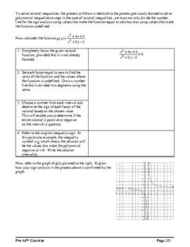 Pre AP Pre Calculus Unit Analysis Of Rational Functions By Mark Sparks