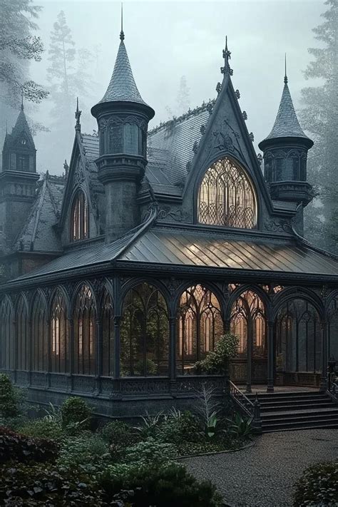 Gothic Vampire House Manor With Ornate Arches And Turrets With Glass