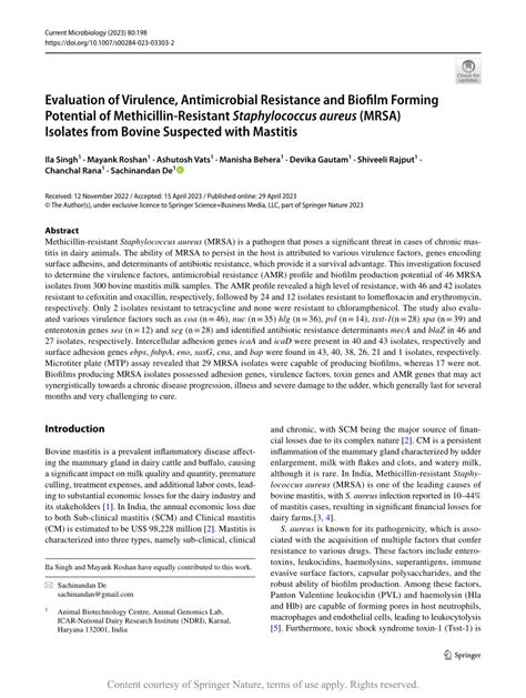 Evaluation Of Virulence Antimicrobial Resistance And Biofilm Forming Potential Of Methicillin