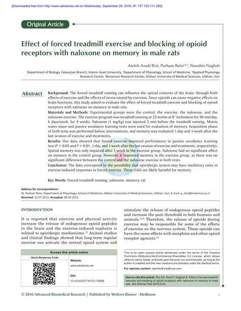 Pdf Effect Of Forced Treadmill Exercise And Blocking Of Opioid Receptors With Naloxone On