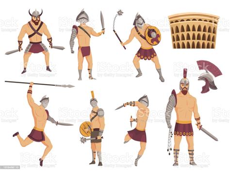 고대 로마 검투사 검투사 벡터 칼이나 무기와 방패와 갑옷에 로마 전사 캐릭터 만화 스타일의 플랫 일러스트 콜로세움으로 설정된 피플 아이콘 Empire에 대한 스톡 벡터 아트